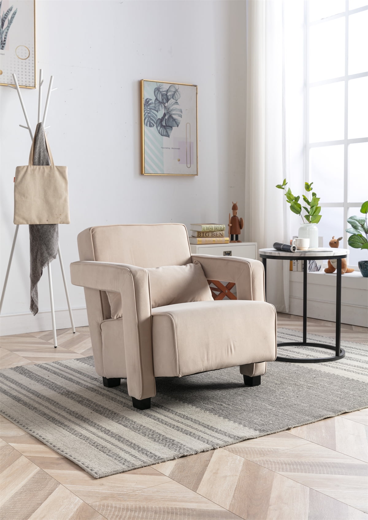 Open Back Armchair with Pillow,Upholstered Comfy Single Chair Barrel ...