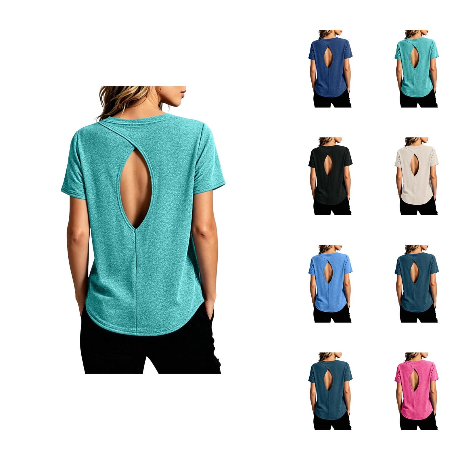 Open Back Workout Tops for Women 2026 Summer Short Sleeve Crewneck ...