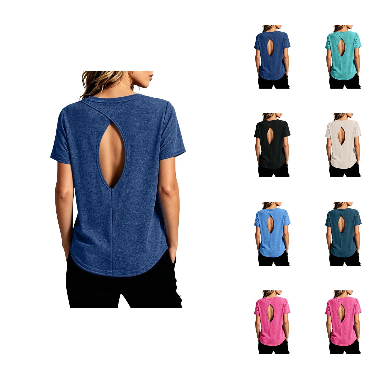 Open Back Workout Tops for Women 2026 Summer Short Sleeve Crewneck ...