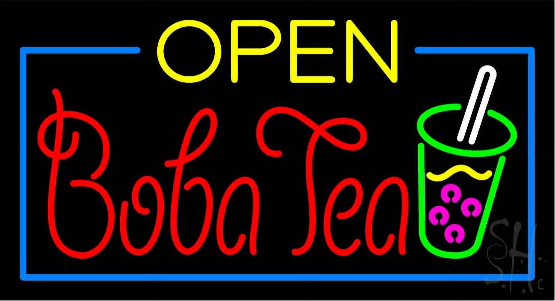 Open Boba Tea LED Neon Sign 20 x 37 - inches, Black Square Cut Acrylic ...