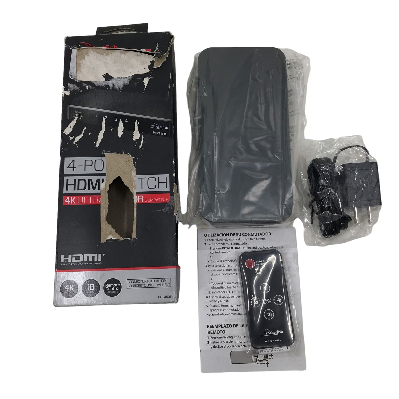 Open Box Rocketfish RF-G1501 4K 18Gbps 4-Port HDMI Switch Box w/Remote ...