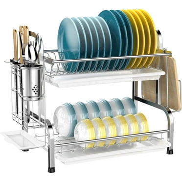 kogiio Stainless Steel 2-Tier Dish Drying Rack, Silver, with Drain ...
