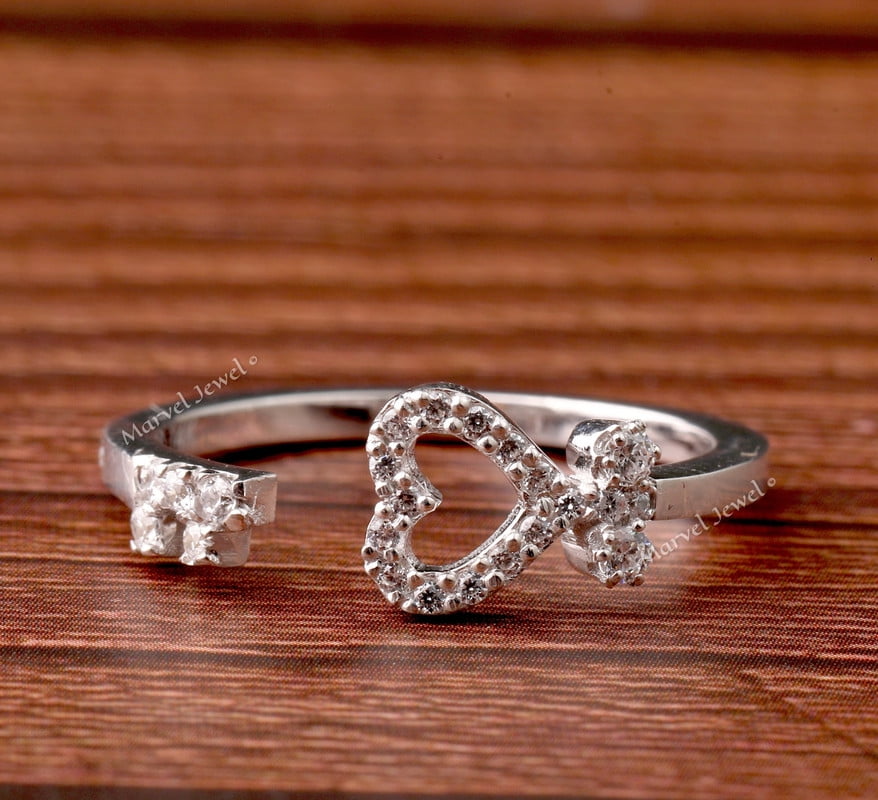 Open Cuff Diamond Ring, Heart Shape Cuff Ring, Delicate Everyday Wear ...
