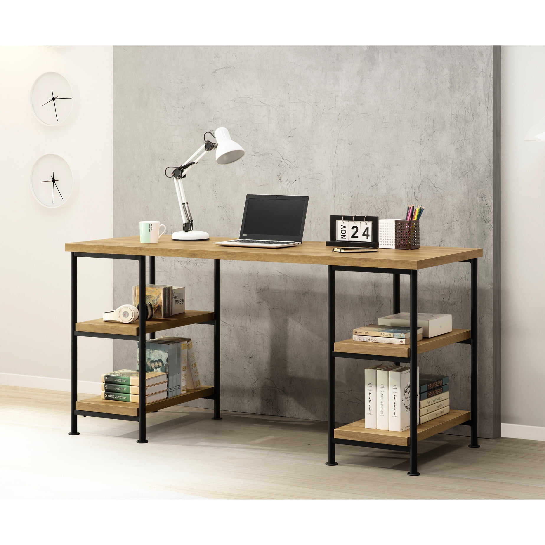 Open Design, Golden Oak MDF Desk with Metal and 4 Shelves - Saves Space ...