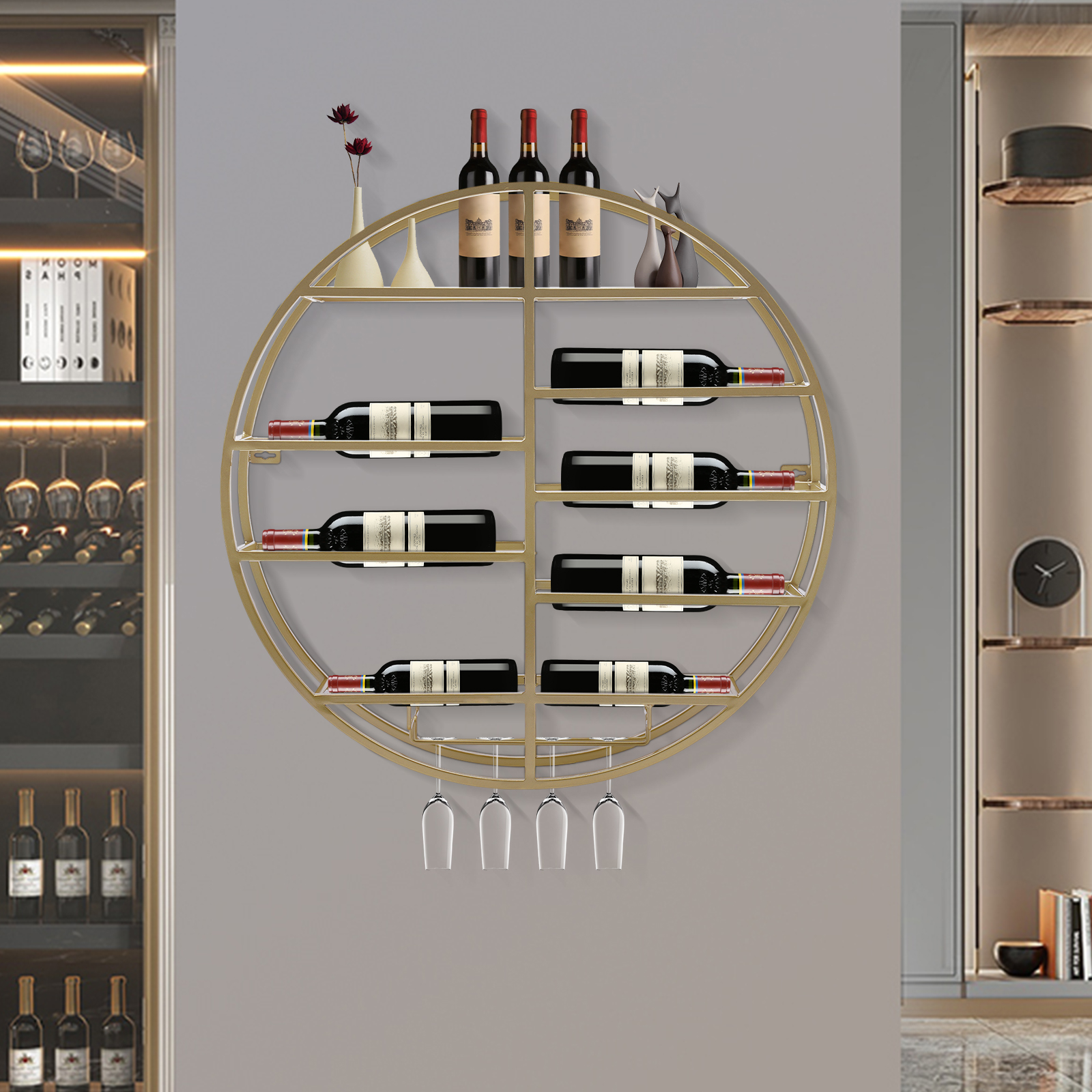 Open Design Wine Display Rack, Gold Wine Shelf with Glass Holder Wall ...