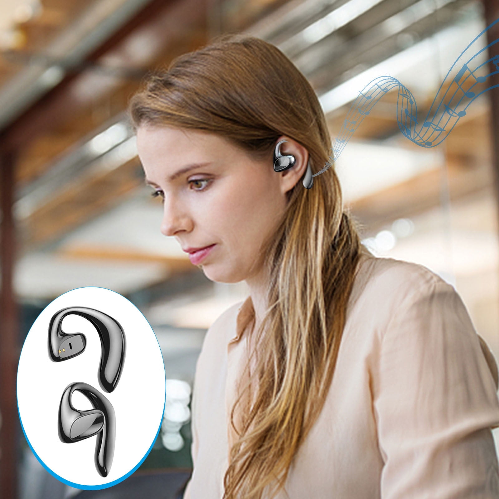 Open-Ear Headphones, Adjustable Ear Hooks, Snug Fit, Rich Bass, Hi-Res ...