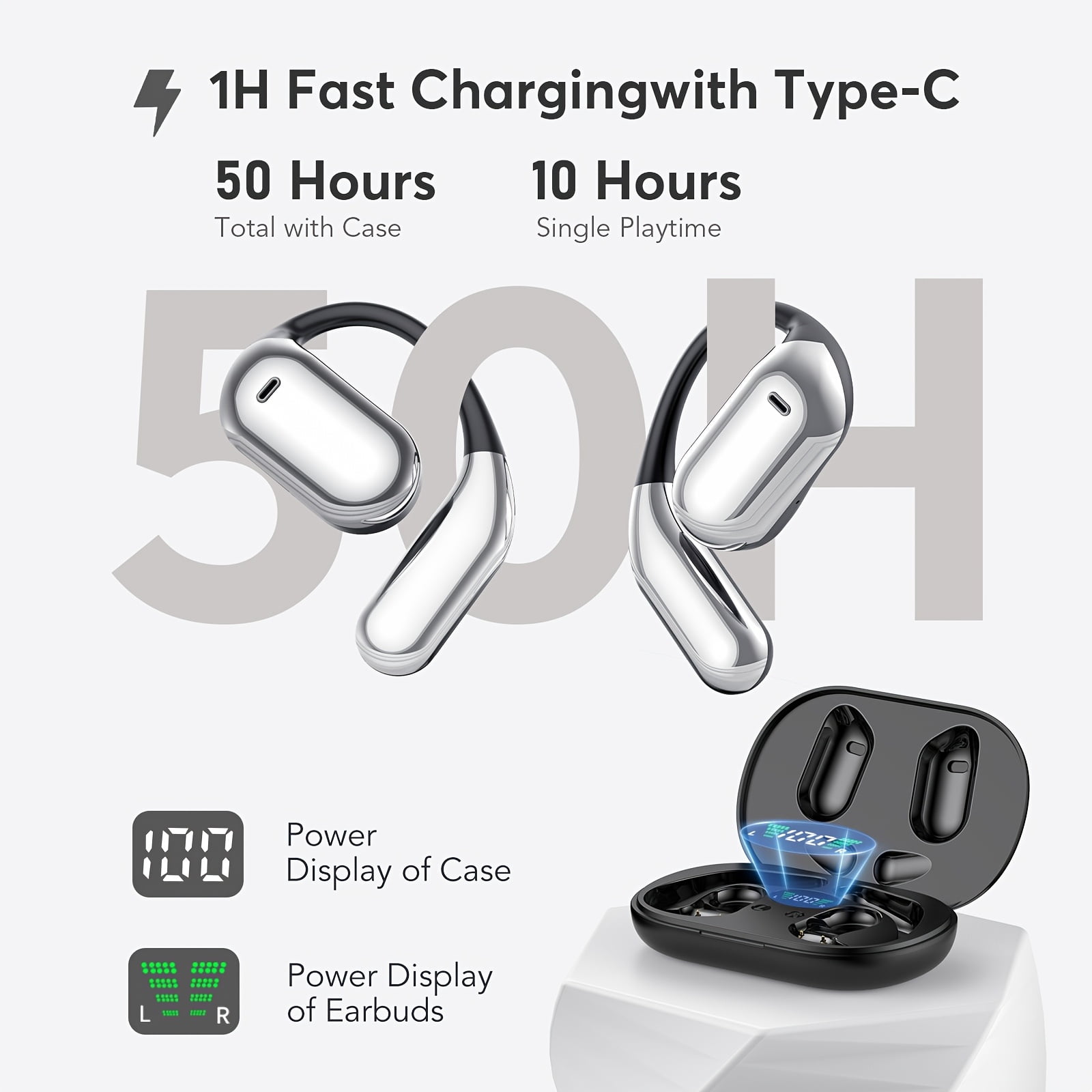 Open-Ear Wireless Sports Earbuds | Touch Volume Control, 50H Playtime ...