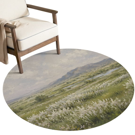 Open Field Round Area Rug 4ft Rustic White Wildflower Green Grass ...