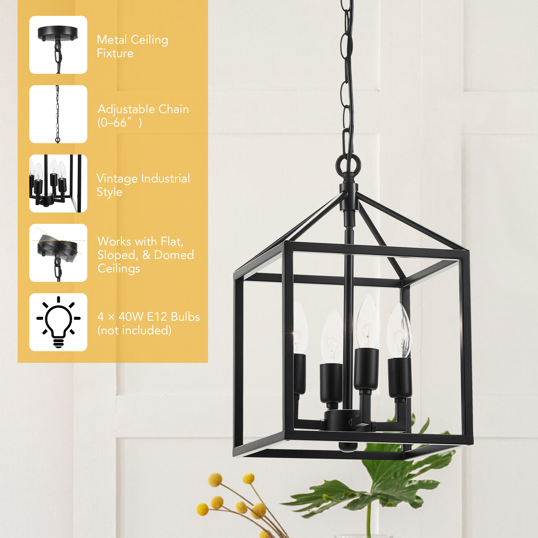 Open Frame Pendant Chandelier for Four 40W Lights, 66" Chain, Black ...