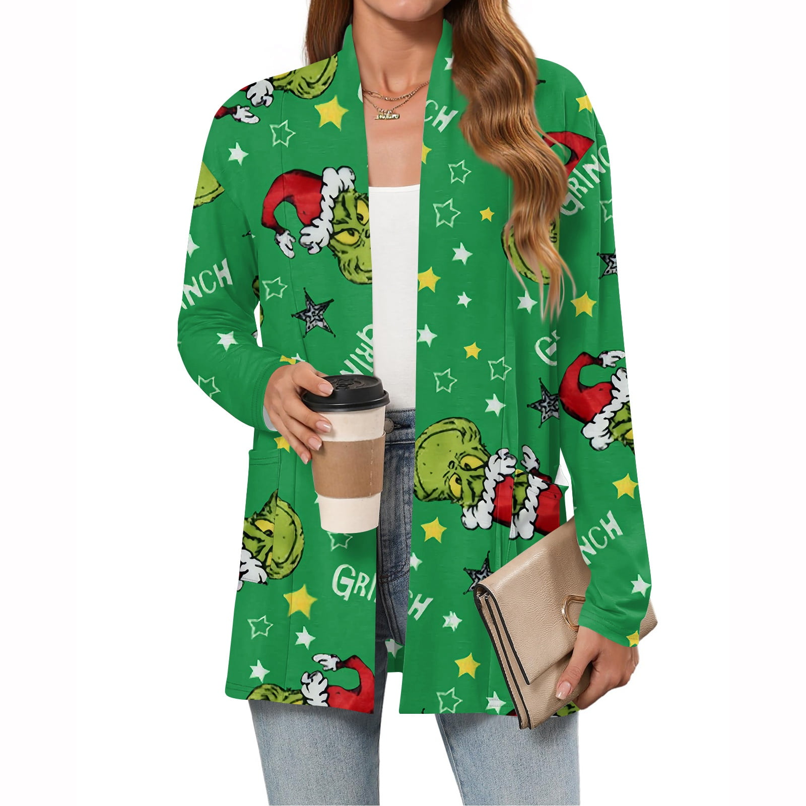 Open Front Grinch Sweater Long Sleeve Christmas Cardigan for Women with ...