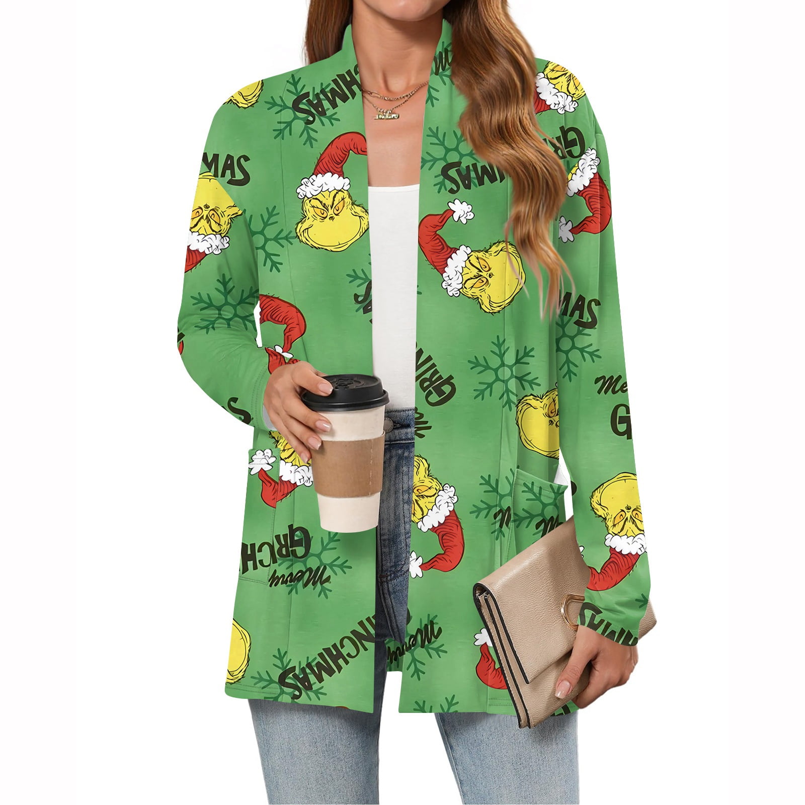 Open Front Grinch Sweater Long Sleeve Christmas Cardigan for Women with ...
