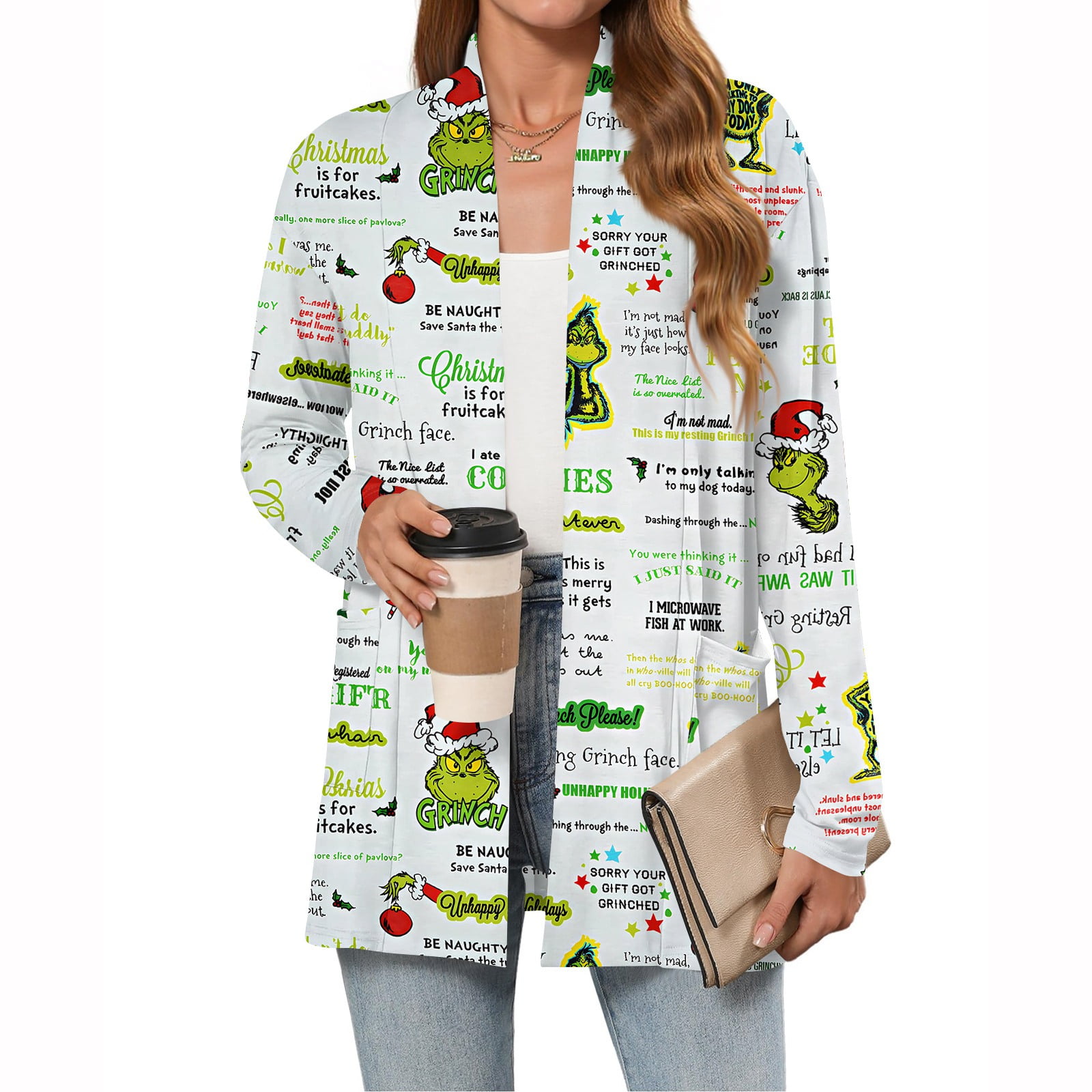 Open Front Grinch Sweater Long Sleeve Christmas Cardigan for Women with ...