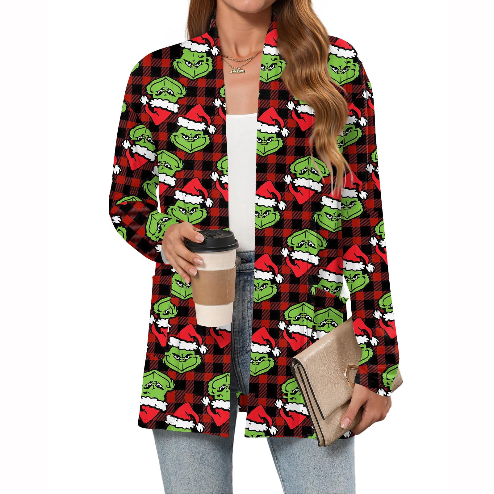Open Front Grinch Sweater Long Sleeve Christmas Cardigan for Women with ...