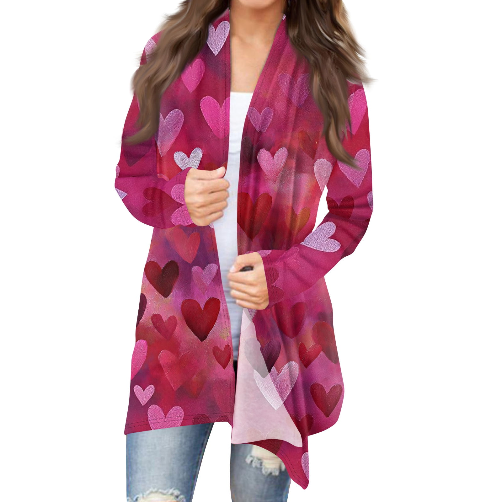 Open Front Long Sleeve Valentines Cardigan with Heart and Letter Print ...