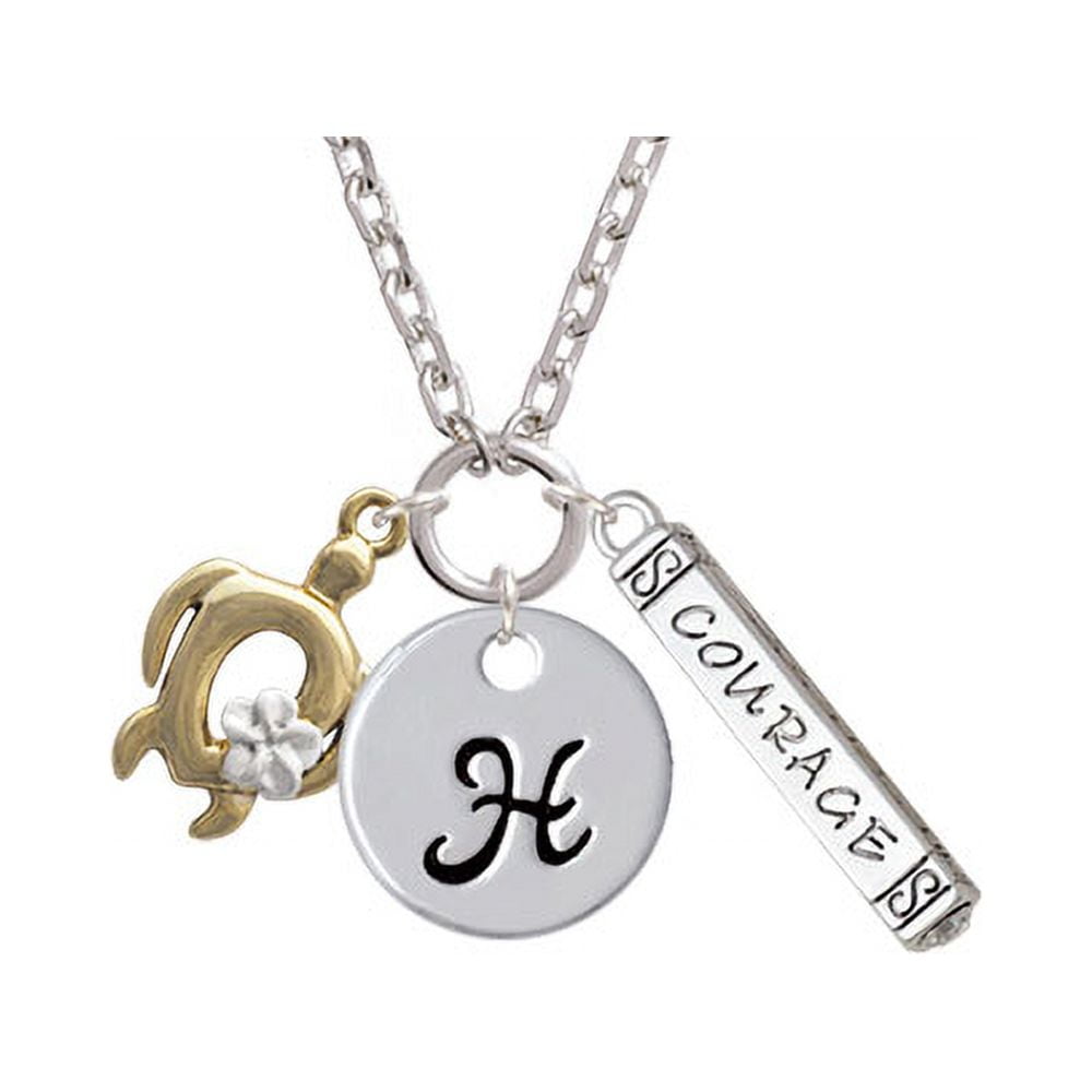 Open Gold Tone Sea Turtle with White Plumeria - H - Script Initial Disc Courage Strength Wisdom ...