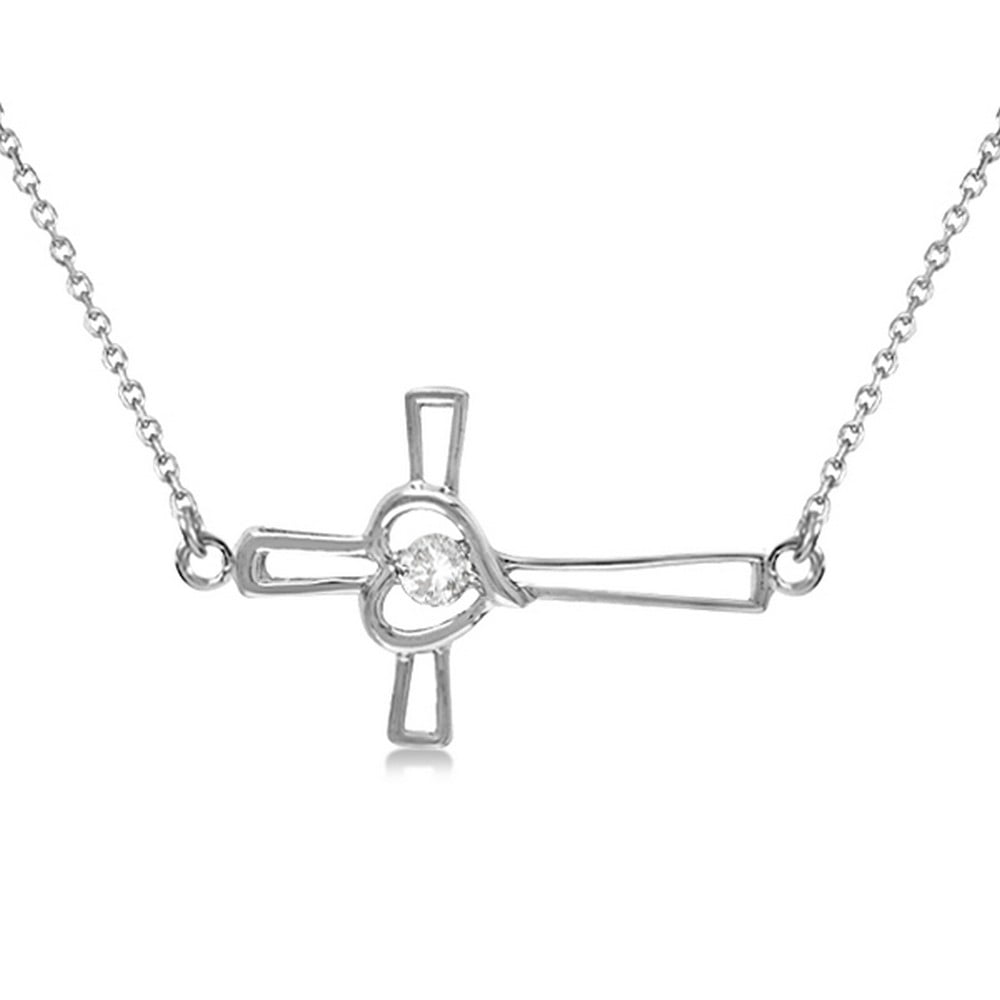 Open Heart Diamond Sideways Cross Necklace 14K White Gold (.01ct ...