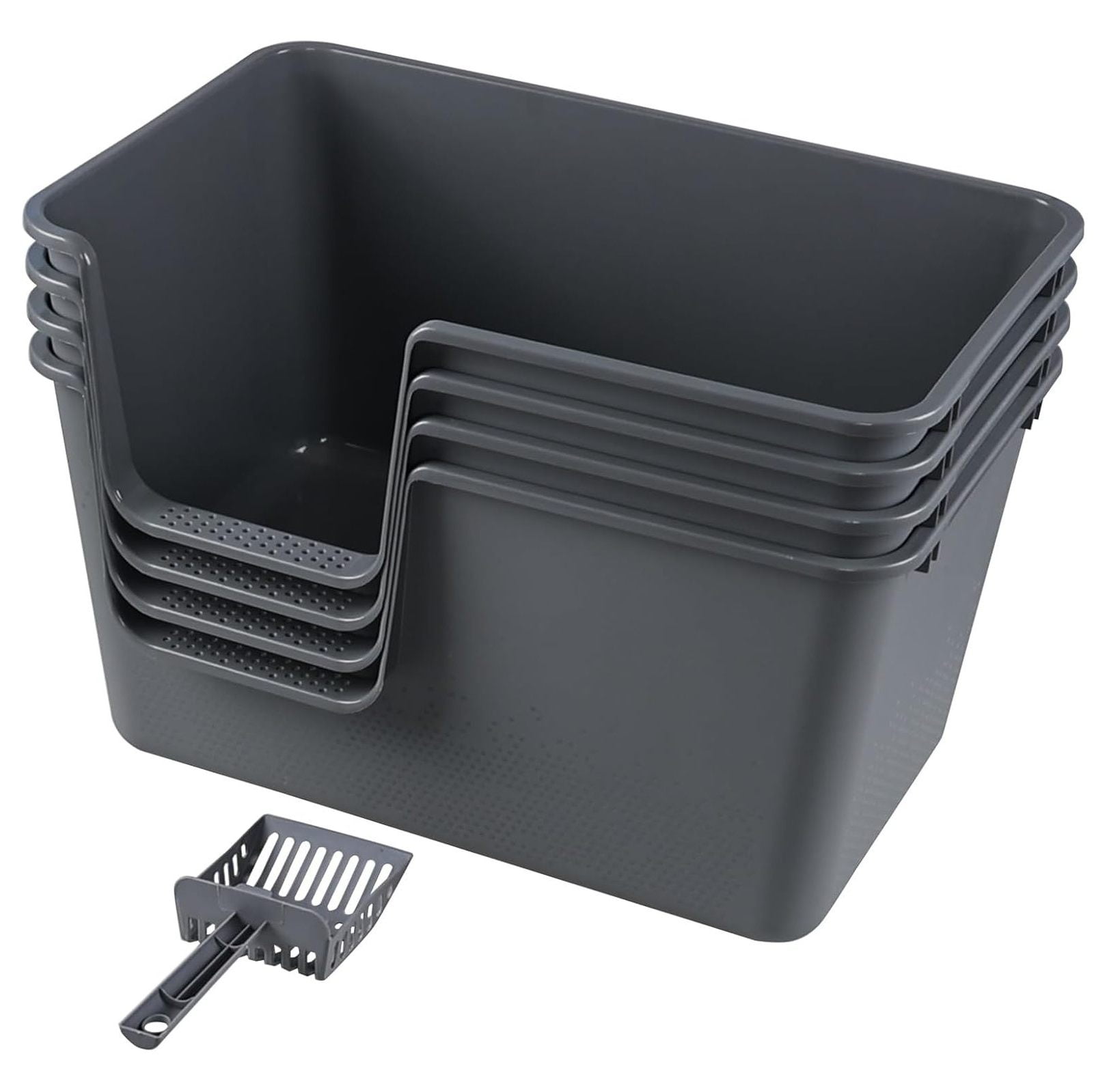 Open Litter Pan with High Side, Large Jumbo Plastic Cat Litter Boxes, 4 ...