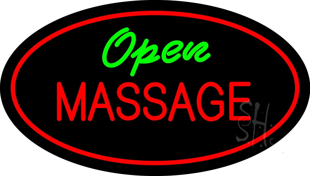 Open Massage Oval Red LED Neon Sign 13 x 24 - inches, Black Square Cut ...