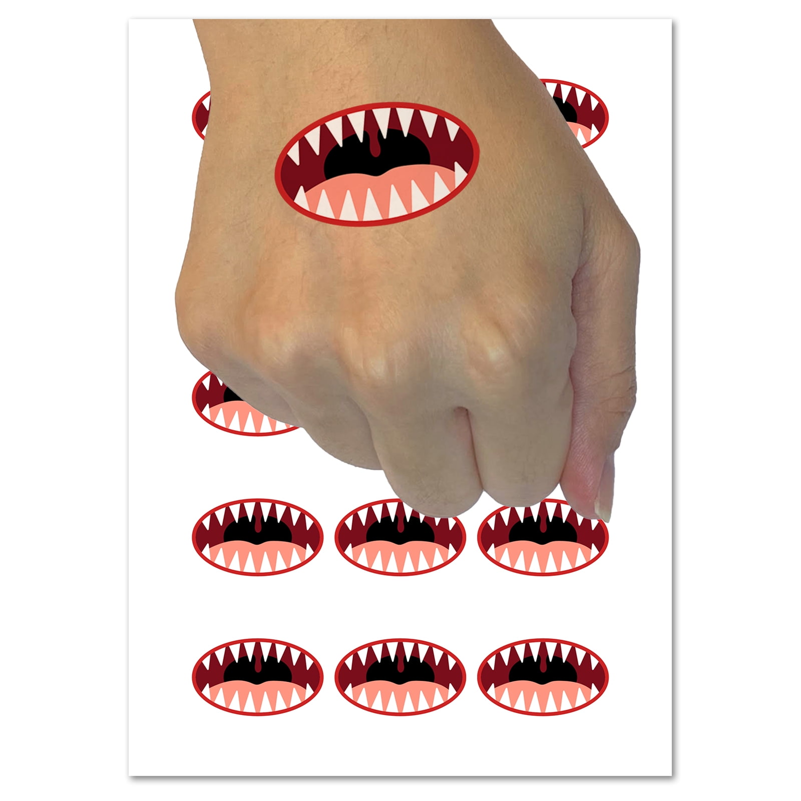 Open Mouth Sharp Teeth Water Resistant Temporary Tattoo Set Fake Body ...