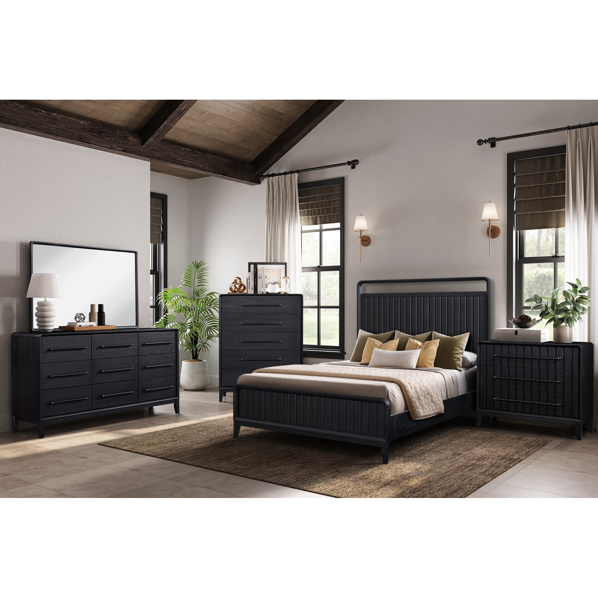 Open Panel Bed In Black With Peppercorn Finish And Veneers, Solid Wood ...