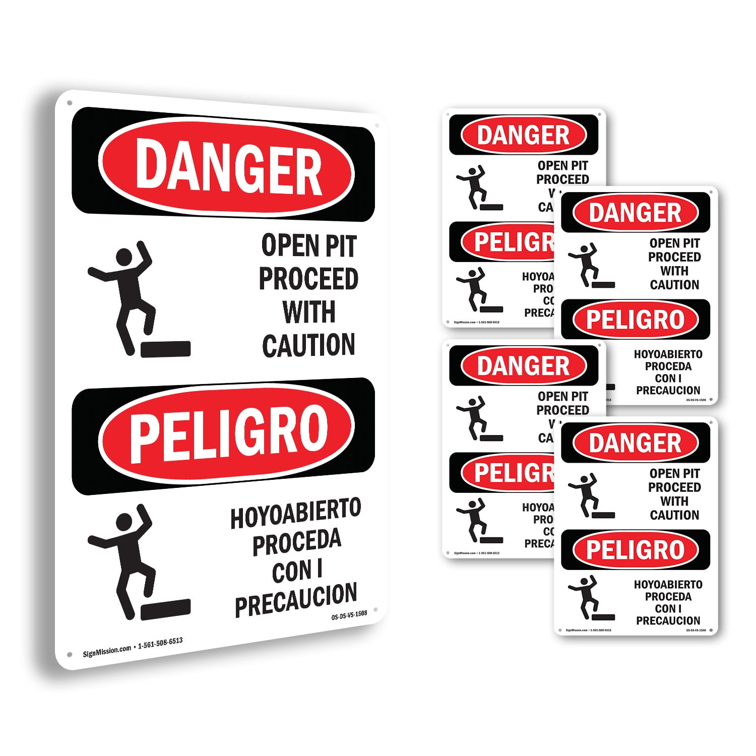 Open Pit Proceed With Caution Bilingual OSHA Danger Rigid Plastic Sign ...