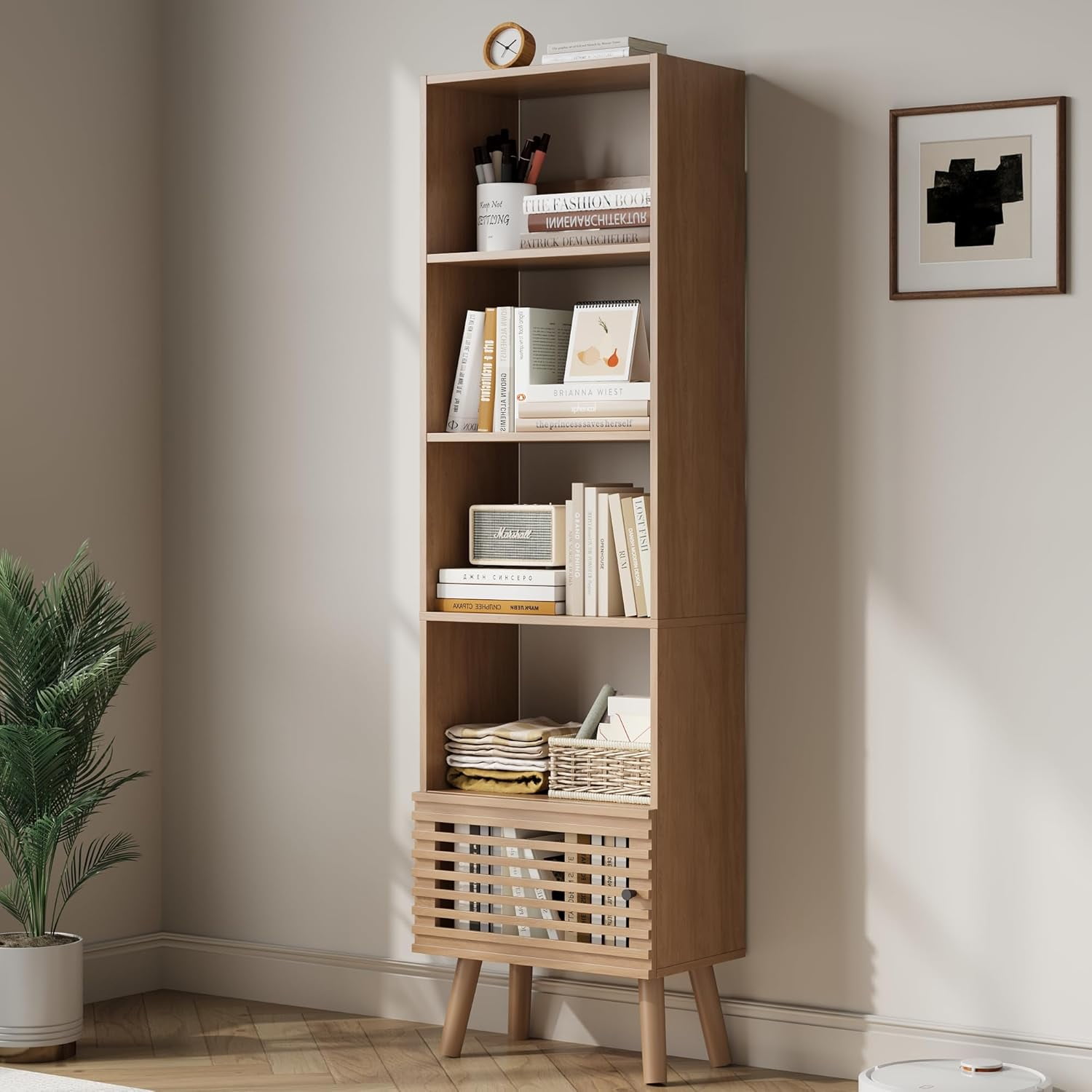 Open Shelf Cube Bookcase, 68" Tall Freestanding Bookshelf, Slatted Door ...