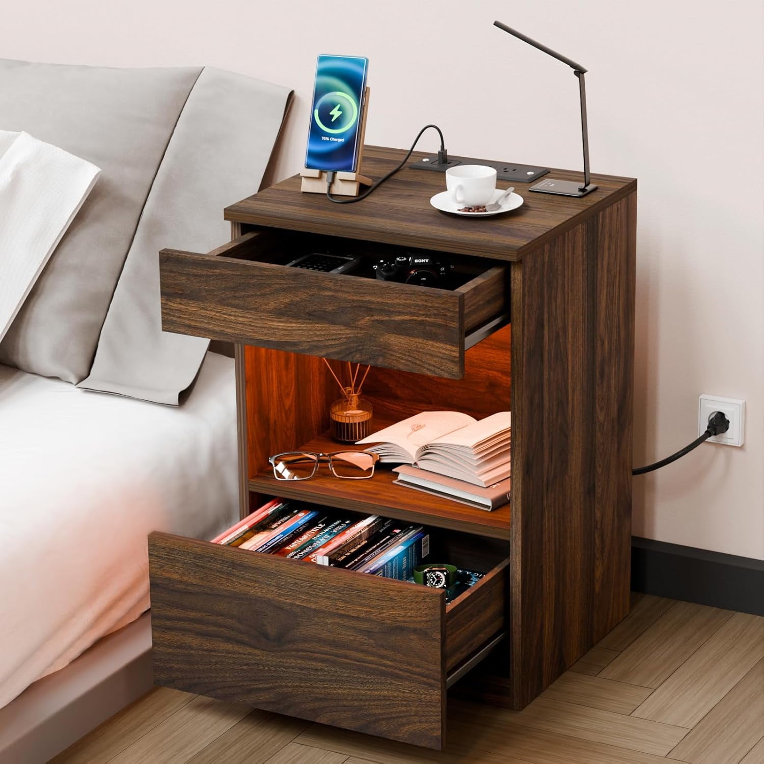 Open Shelf LED Nightstand with Charging Station Dark Walnut 2 Drawers ...
