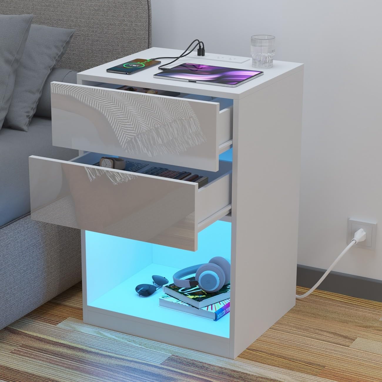 Open Shelf LED Nightstand with Charging Station White Bedside Table with Led Light 2 Drawers End ...