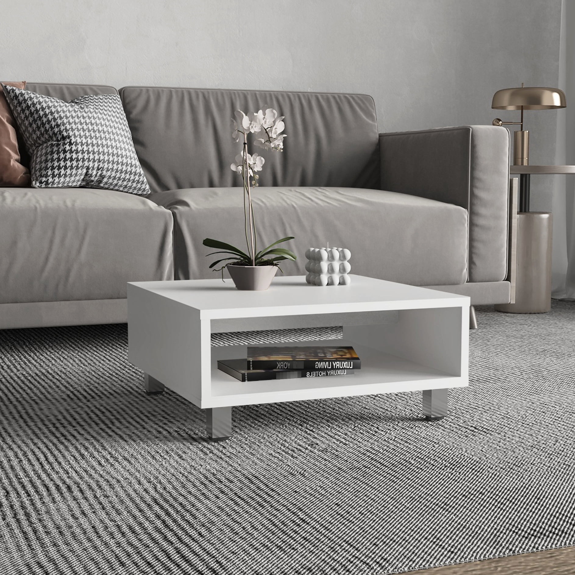Open Shelf White Square Coffe Table, 10" H, Minimalist Living Room H ...