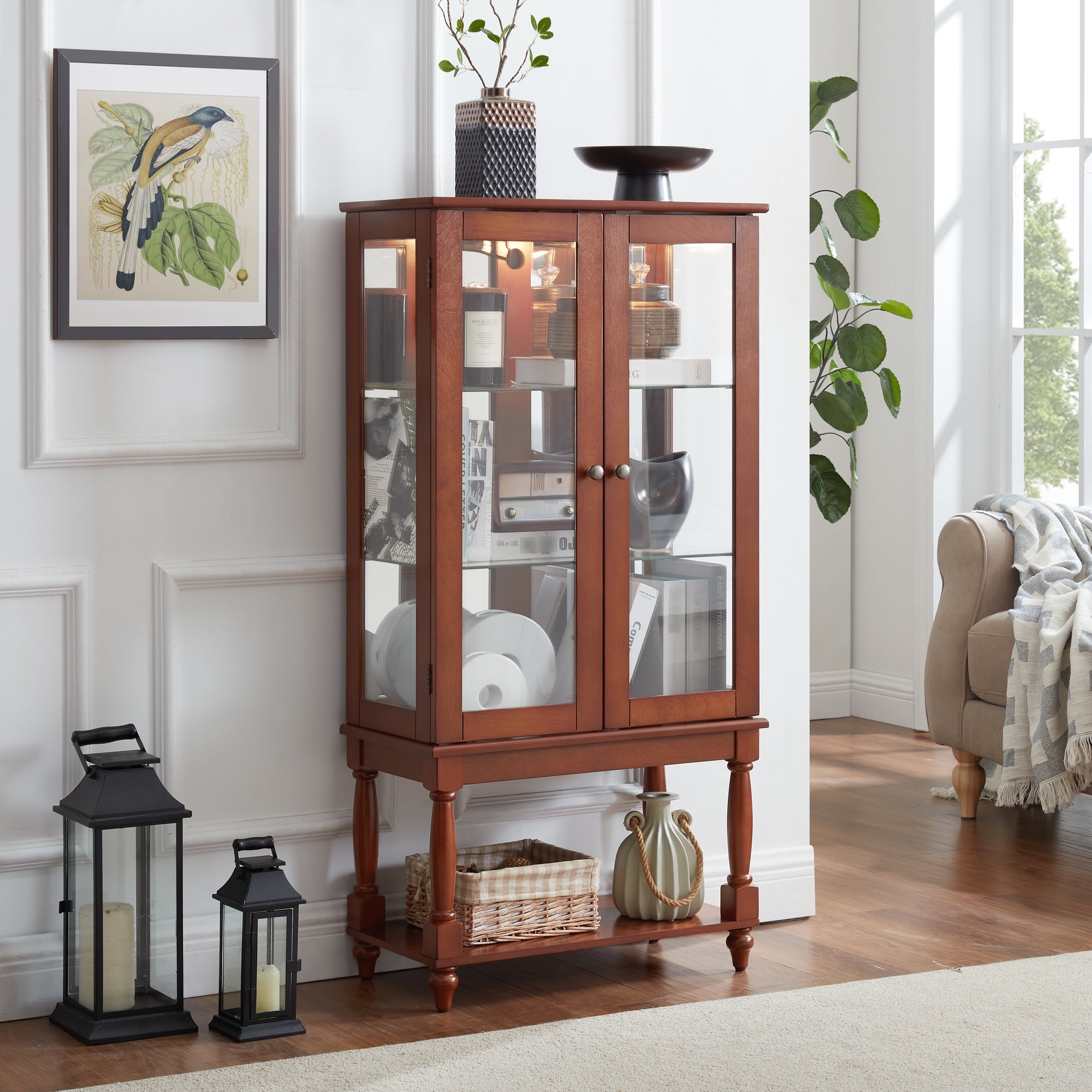 Open Space Curio Storage Cabinet: Solid Wood Legs, Tempered Glass Doors ...