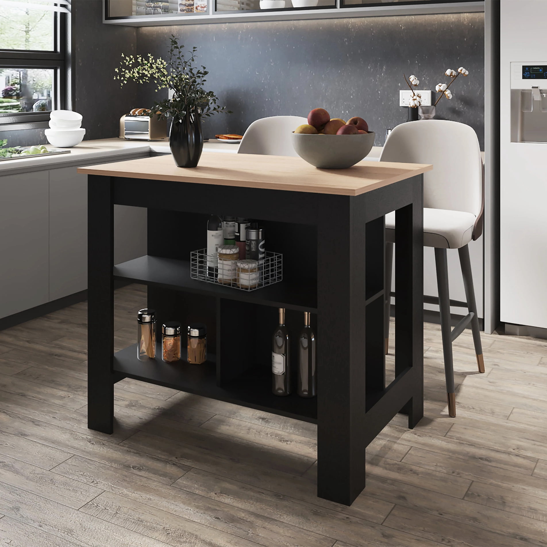 Open Storage Kitchen Island In Beige + Black - Stylish And Practical ...