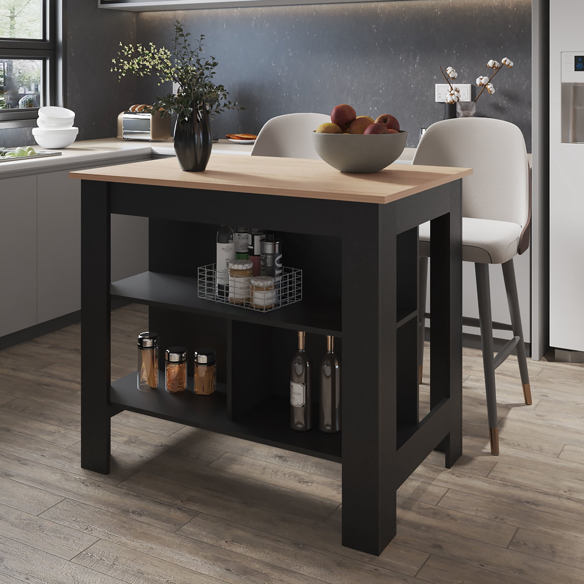 Open Storage Kitchen Island In . Pine And Black. Provides Adequate ...