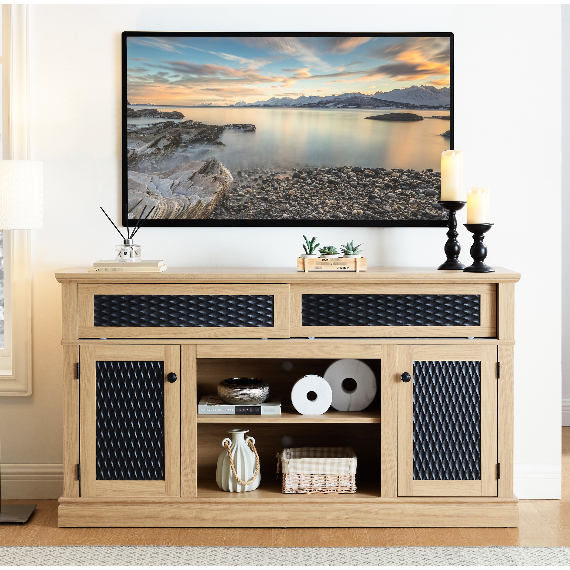 Open Storage Tv Shelf, 65" Fit, Oak Pattern Oak Television Table With ...