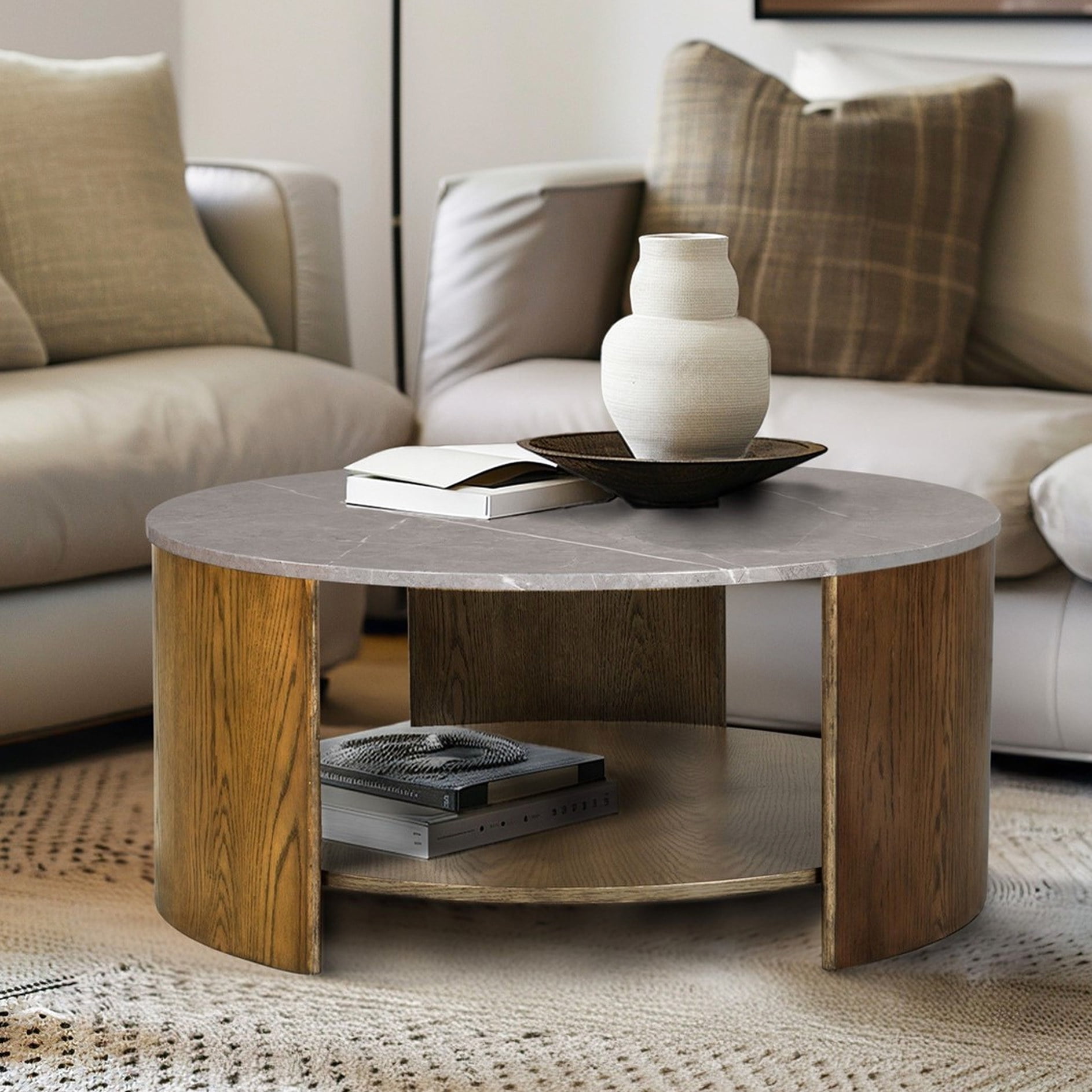 Open Structure Round Coffee Table with Shelf for Living Room Display ...