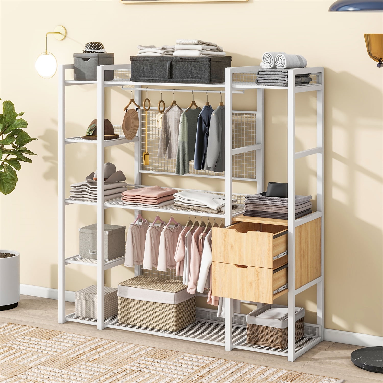 Open-Style Wardrobe, Clothing Rack with 5 Shelves and 2 Drawers, Metal ...