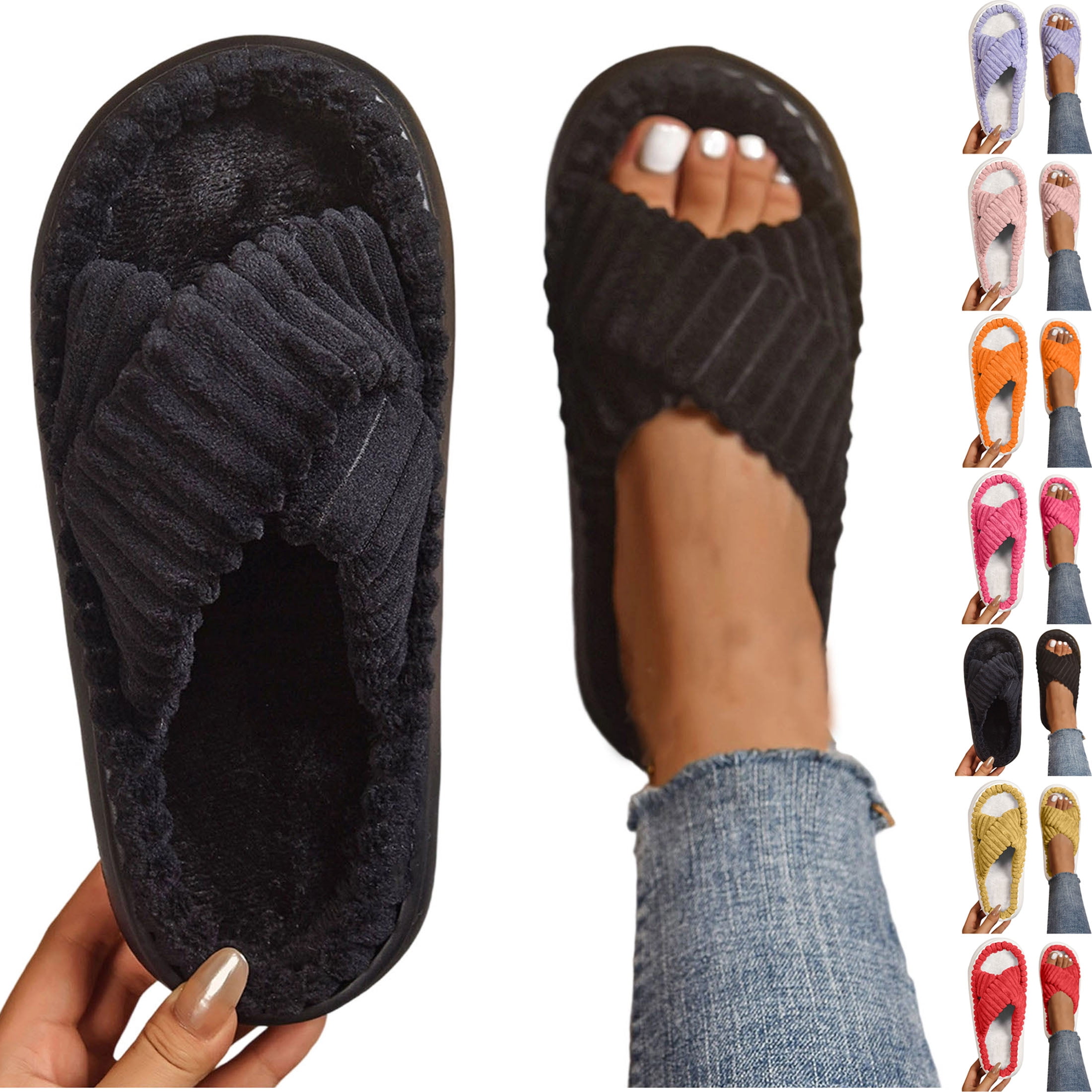 Open Toe Slippers for Women Fashion Casual Winter Furry Strap Home Flat ...