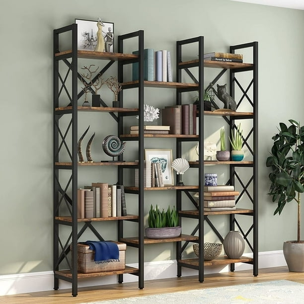 Open Triple Wide 5 Shelf Bookcase Industrial Etagere Bookshelf for Home Office Brown 70 W Wood Finish Includes Hardware Bookshelves Etagere Walmart Business Supplies