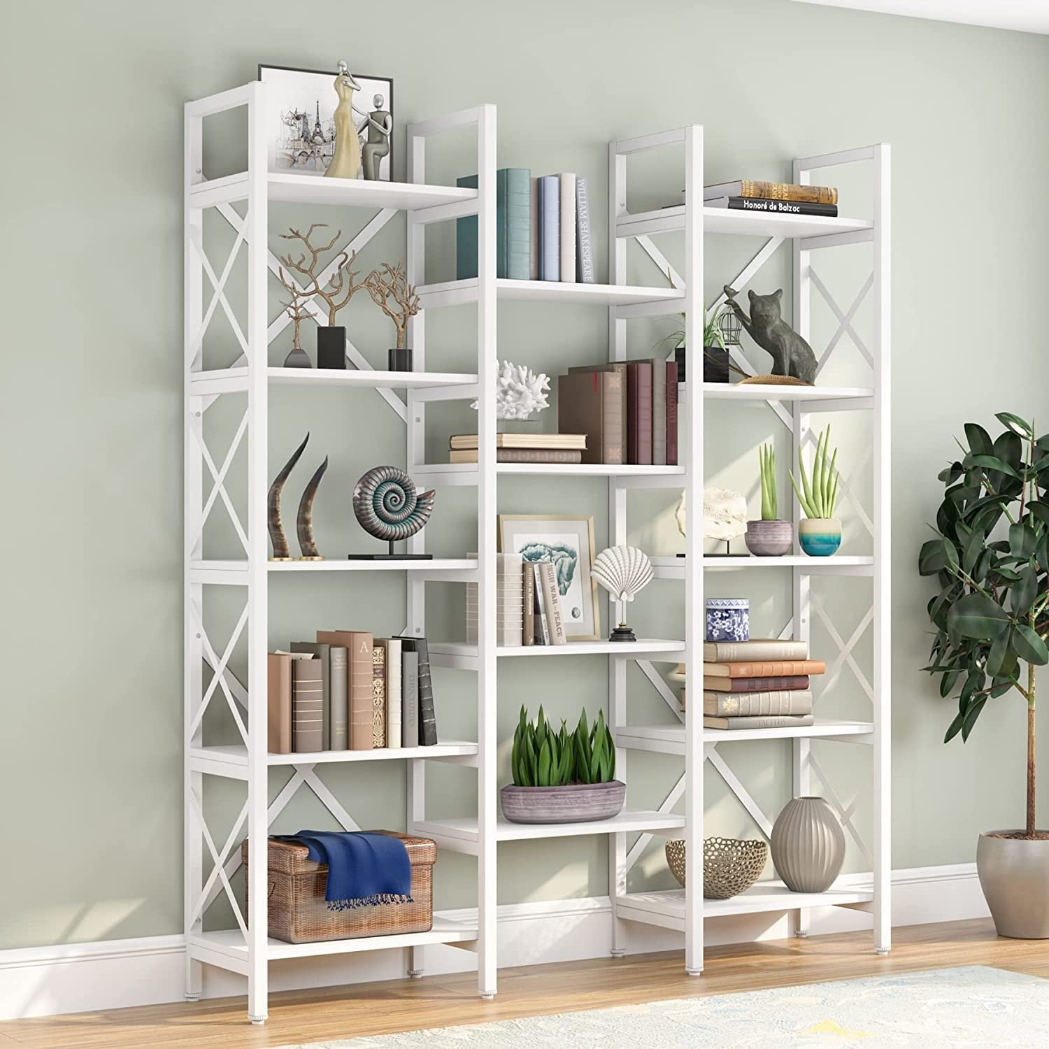 Open Triple Wide 5-Shelf Bookcase, Industrial Etagere Bookshelf for ...