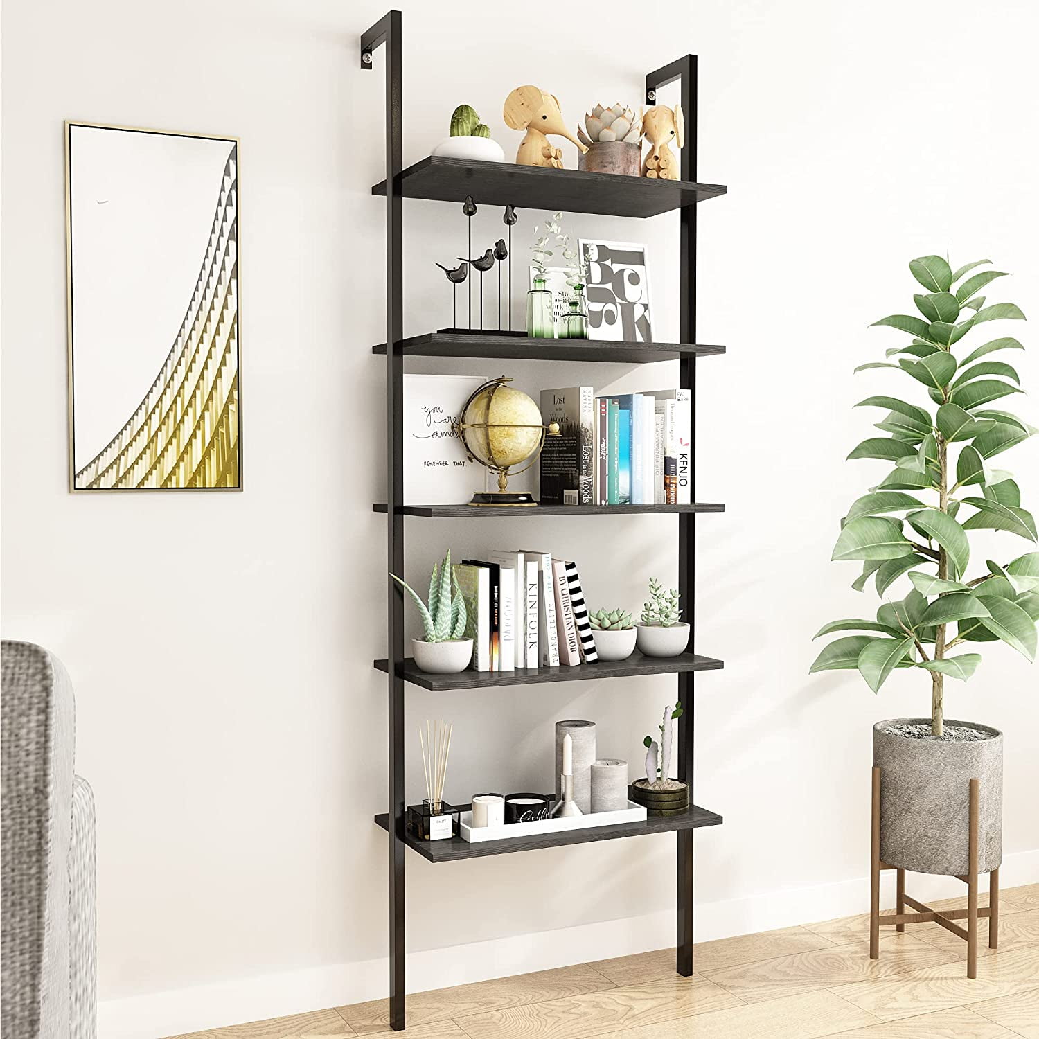 Open Wall Mount Bookcase, Modern 5-Shelf Ladder Shelf w/Industrial ...