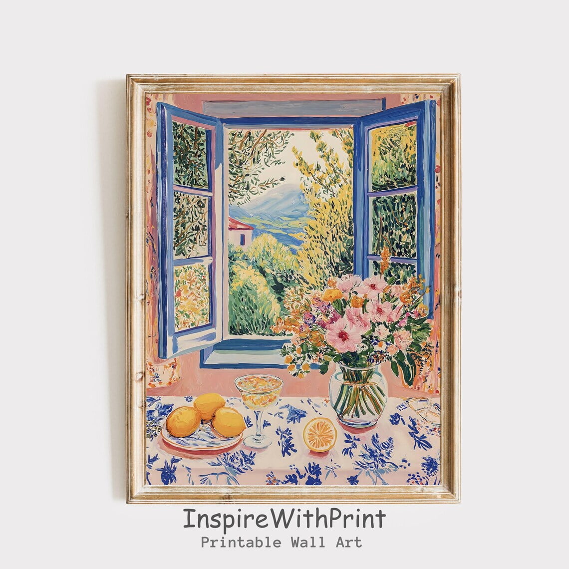 Open Window Art Printable Coastal Lemon Art Poster Mediterranean Window ...