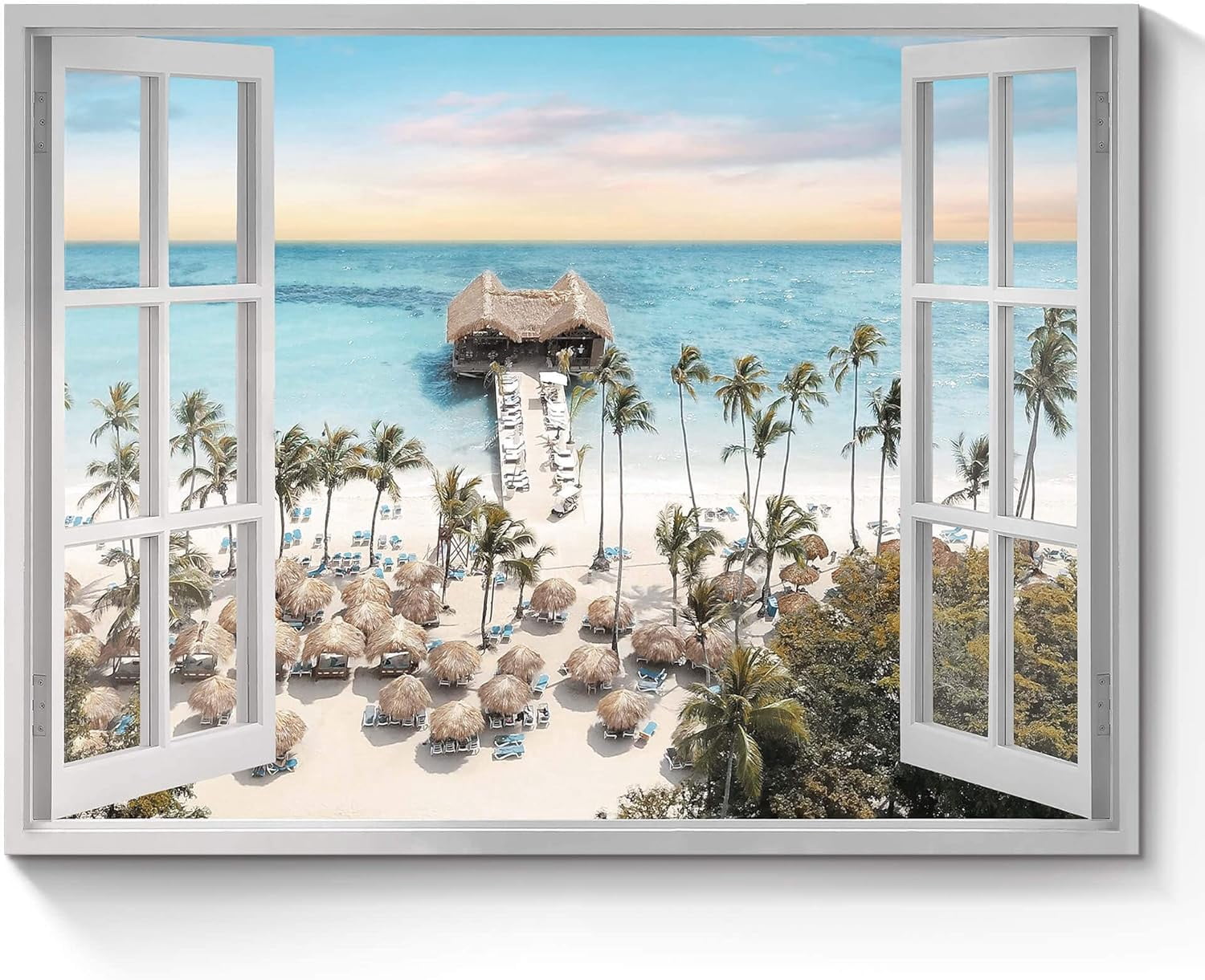 Open Window Canvas Wall Art: Sunset Coastal Beach Scenery Fake Window ...