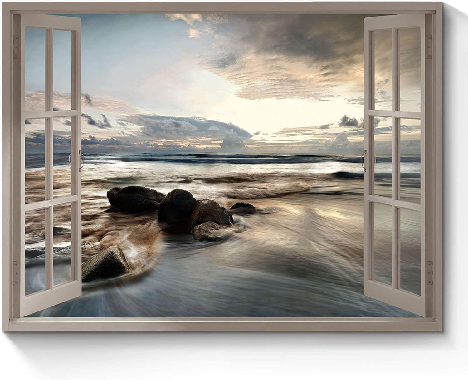 Open Window Canvas Wall Art: Sunset Coastal Beach Scenery Fake Window ...