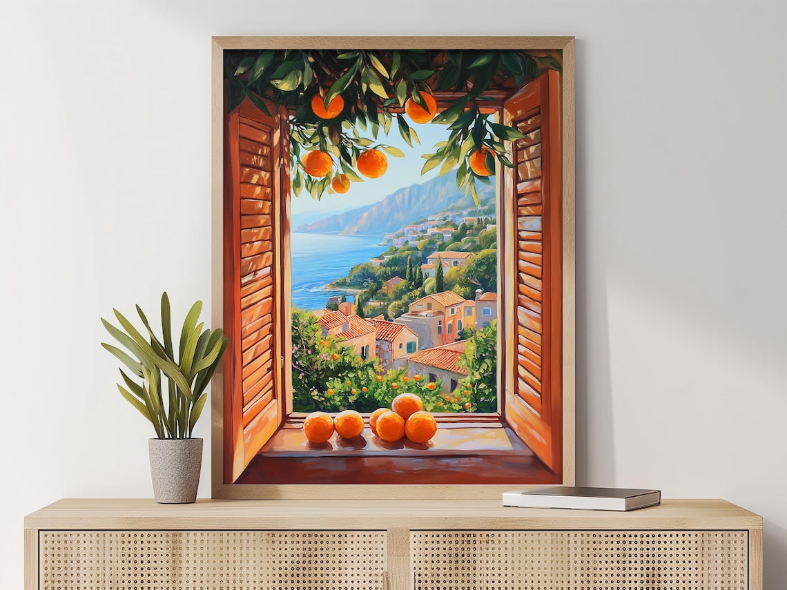 Open Window Coastal View , Mediterranean Orange Tree Wall Art ...