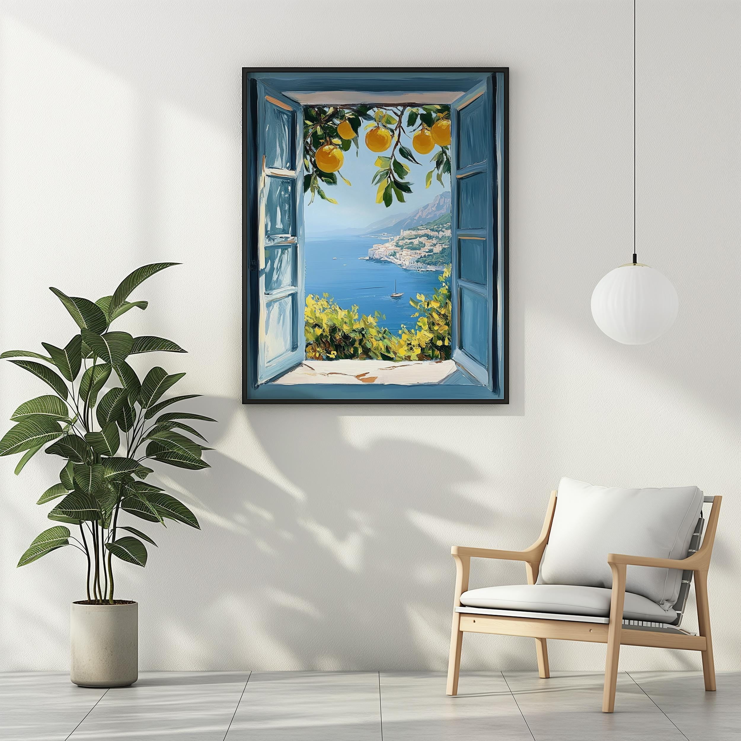 Open Window Scene Wall Art Mediterranean Sea Coastal Landscape Lemon ...