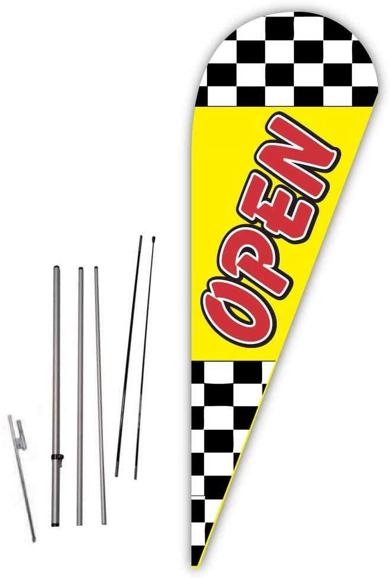 Open (Yellow/Checkered) Teardrop Feather Flag - Complete with 14ft Pole ...