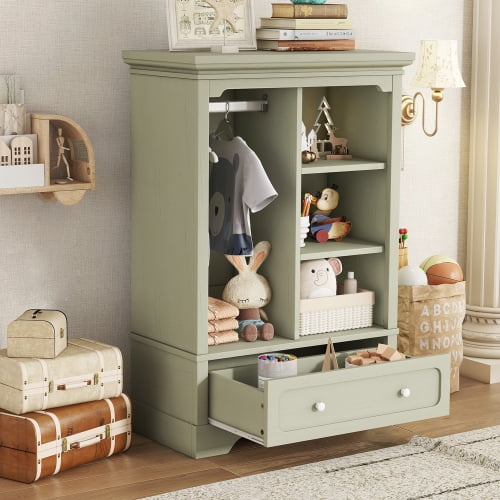 Open children's wardrobe with a hanging rod and open shelves, one large ...