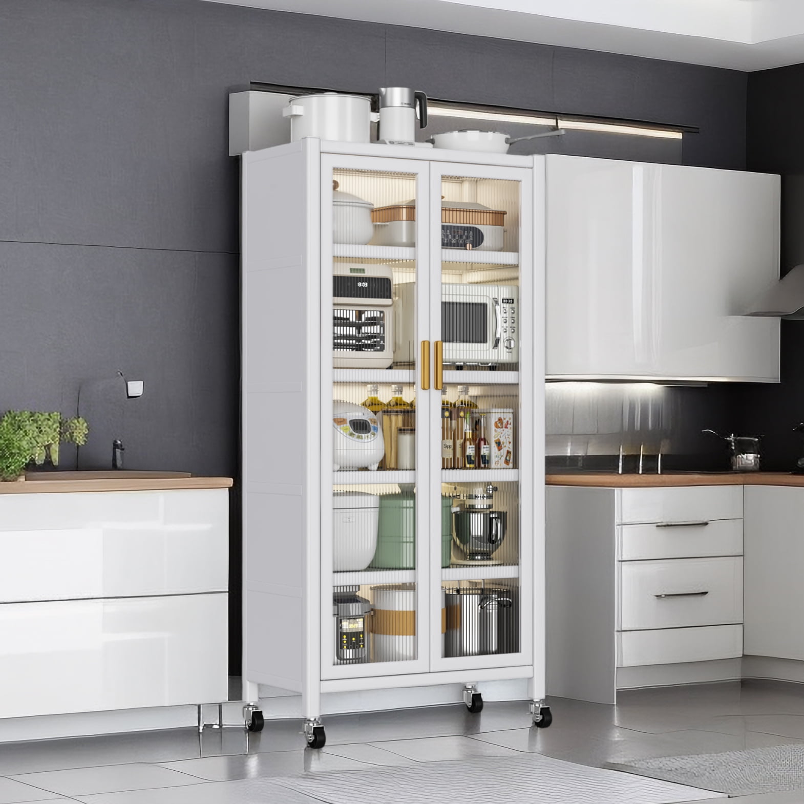 Open-door kitchen shelving,storage cabinet With brakes, alloy universal ...