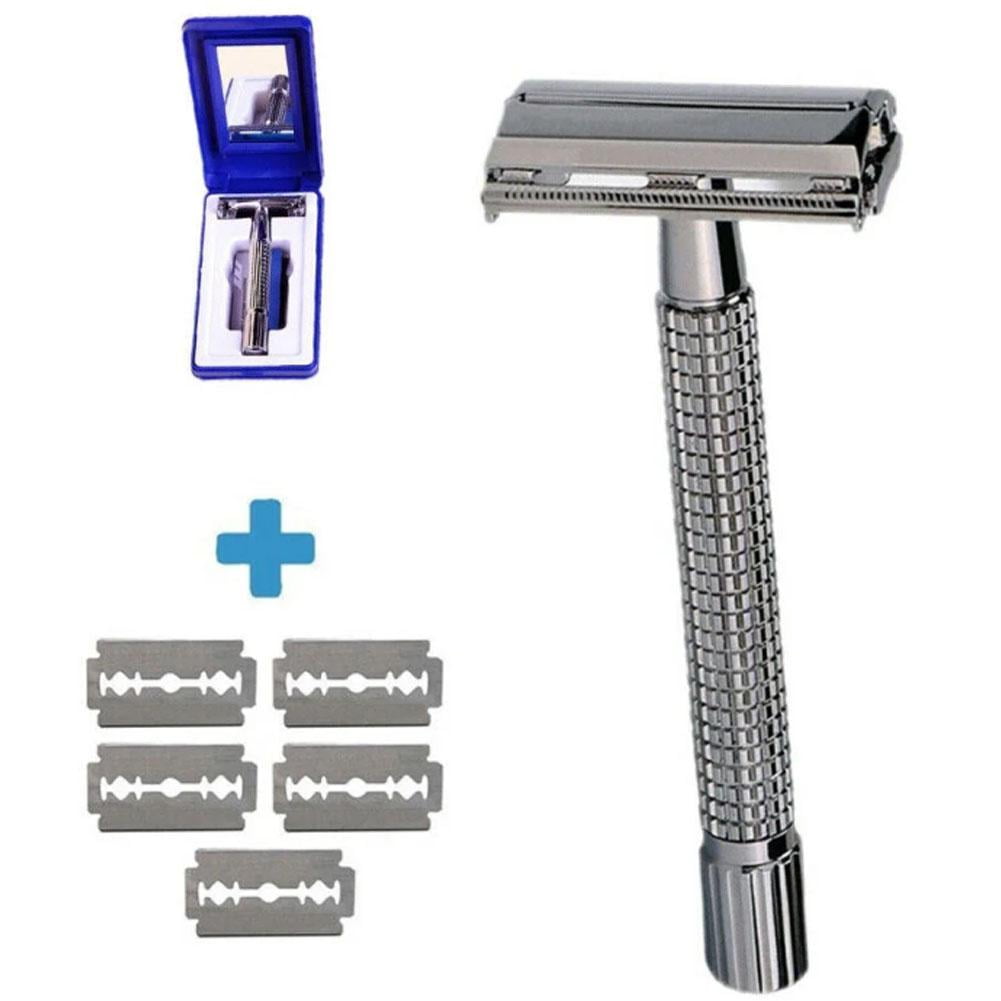Open double-edged safety razor with a chrome-plated short handle, comes ...