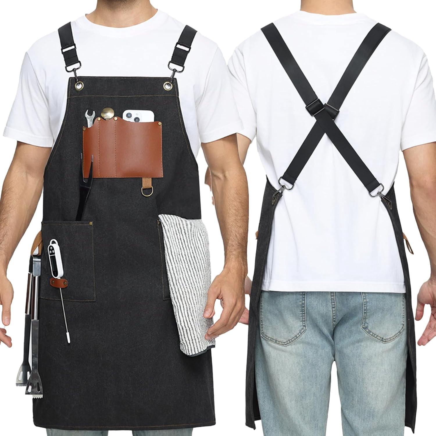 Kitchen Apron - 3 Large Pockets, Cotton Canvas Cross Back Apron with ...