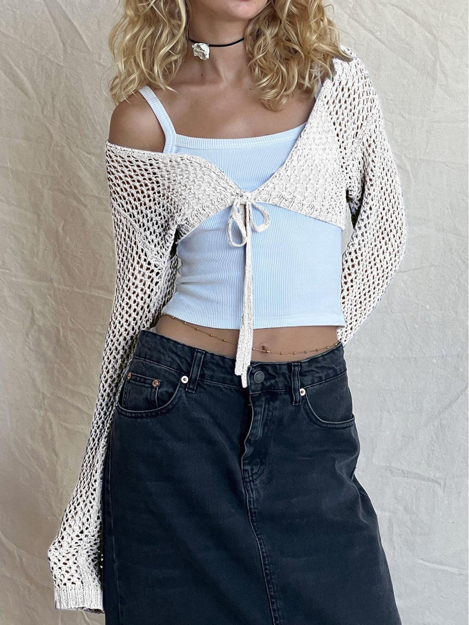 Openwork Tied Dropped Shoulder Cardigan - Walmart.com